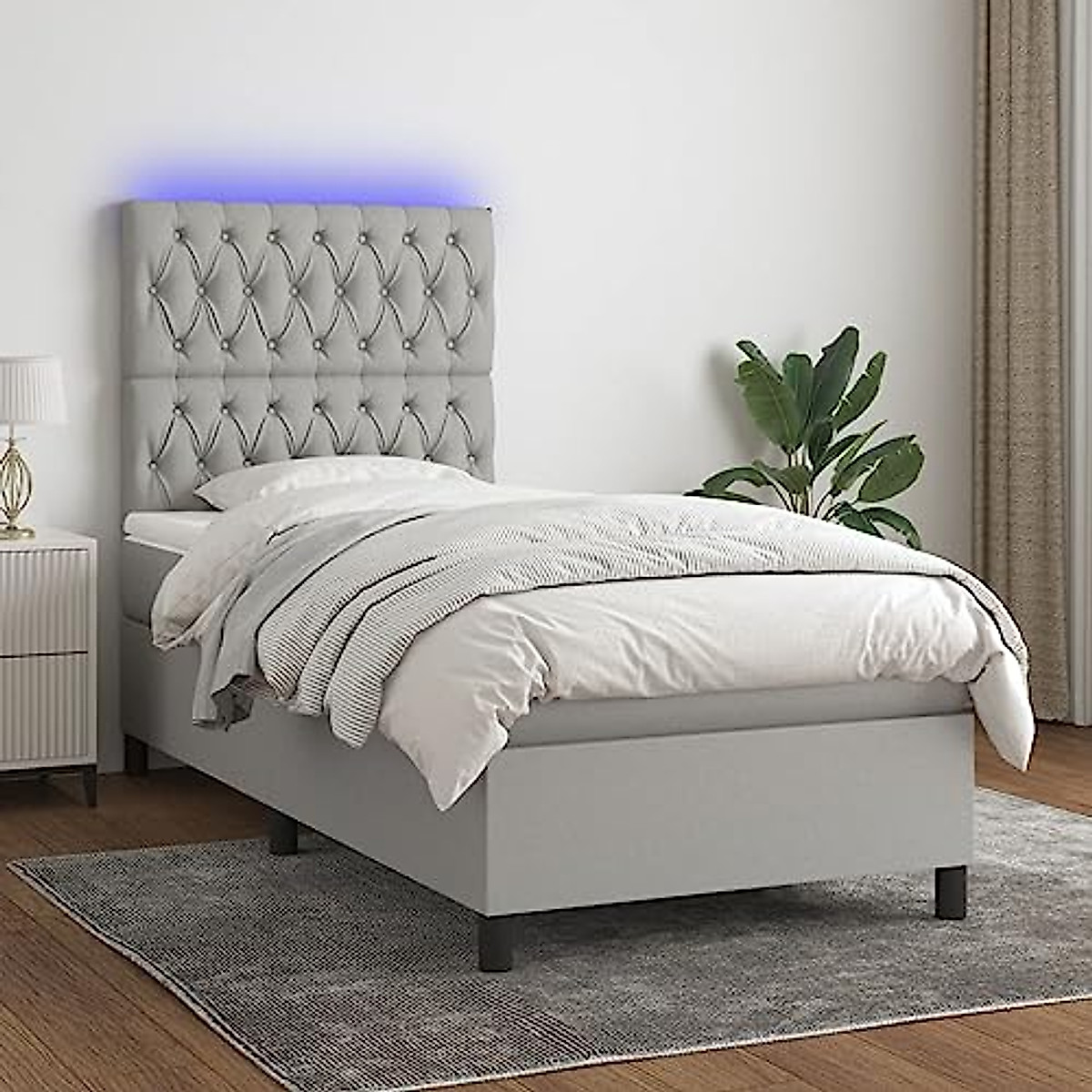 vidaXL Box Spring Bed with Mattress and LED Bedroom Upholstered Single Bed Frame Base Mattress Protector Foam Topper Light Gray Twin XL Fabric