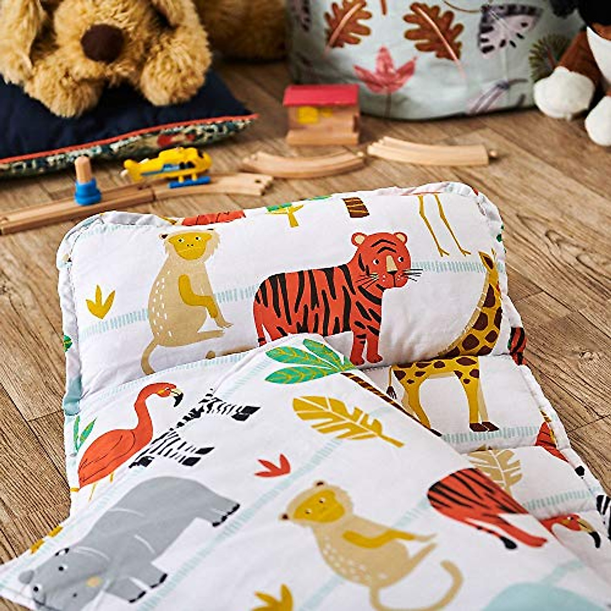 Bloomsbury Mill - Safari Adventure - Jungle Animals - Super Soft Toddler Nap Mat - includes Pillow, Mat and Blanket - Ideal Gift & Sleep Bag for Kindergarten and Pre-School - 20" x 53"