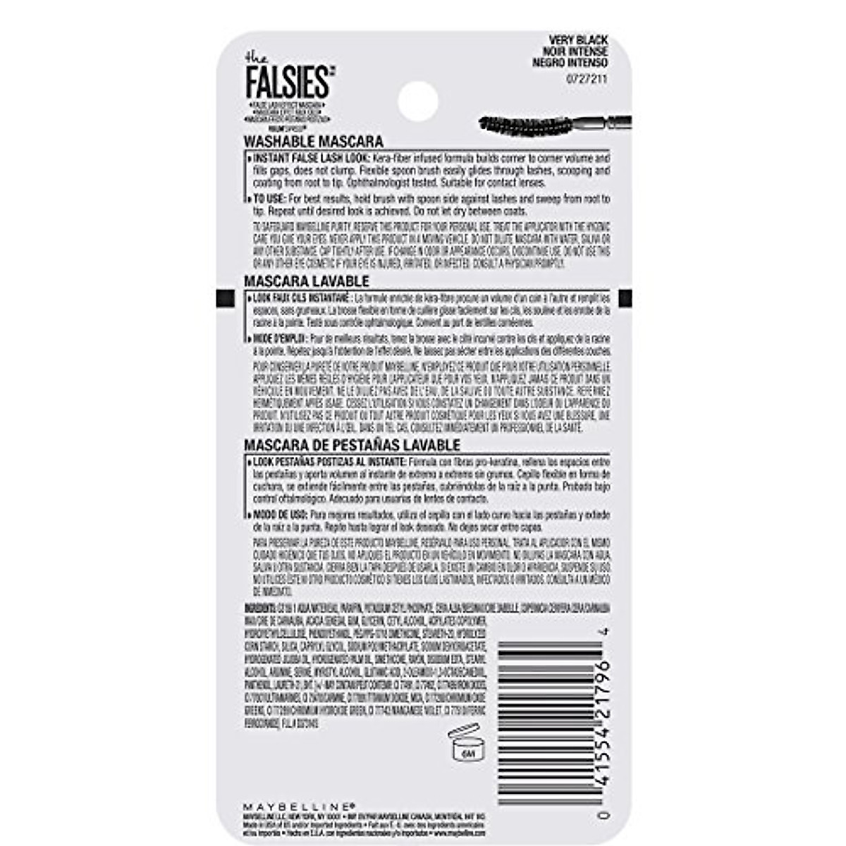 Maybelline Volum' Express The Falsies Waterproof Mascara, Volumizing and Separating Make Up Formula, Blackest Black, 1 Count