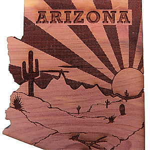 Wooden Laser Cut Arizona Magnet with Sun Rays, Burned Rustic Souvenir Gifts, Collectible State Silhouette Magnet for Refrigerators, White Boards, and Lockers, 2.75 Inches