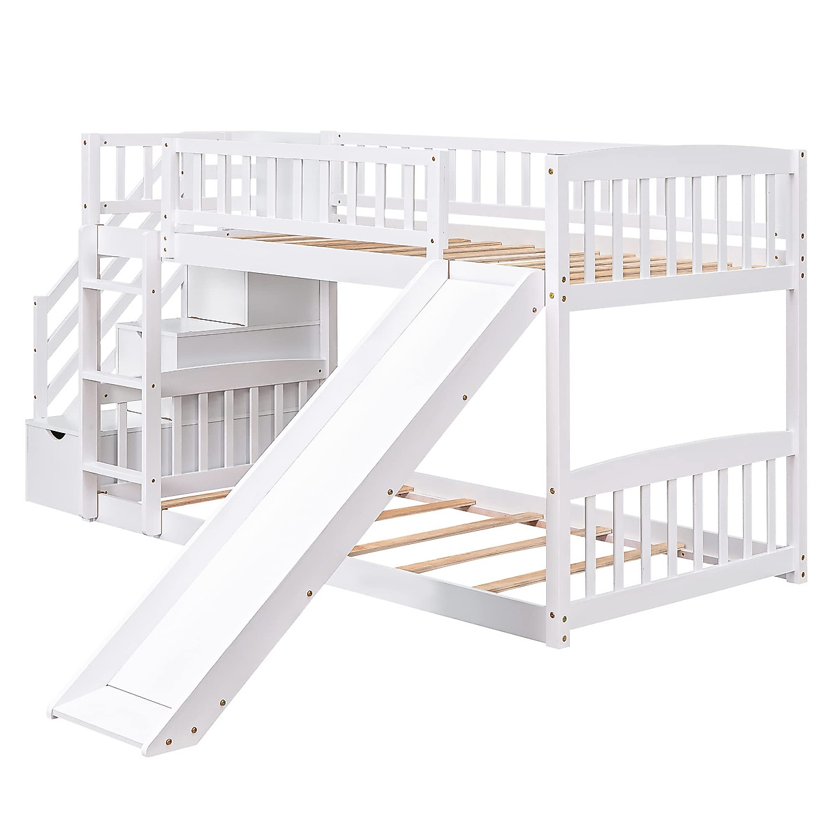 Harper & Bright Designs Twin Over Twin Bunk Bed with Slide and Guardrail, Floor Bunk Bed with Stairway/Two Drawers/Handrail, Space-Saving Bedroom Dormitory Furniture (White)