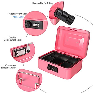 Jssmst Medium Cash Box with Combination Lock - Durable Metal Cash Box with Money Tray Pink,7.87 x 6.3 x 3.35 inches,CB0704M
