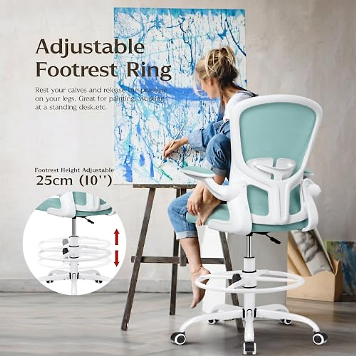 FelixKing Drafting Chair, Tall Office Chairs with Footrest Ring, Home Standing Desk High Chair with Lumbar Support Adjustable Counter Height Ergonomic Swviel Rolling Chairs for Working (Light Blue)