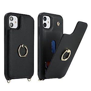 Lipvina for iPhone 13 Mini Case with Card Holder and Strap for Women,Crossbody Lanyard,Kickstand Ring Stand,Snap Clasp,RFID Blocking,Phone Wallet Cases 5.4 inch(Black)