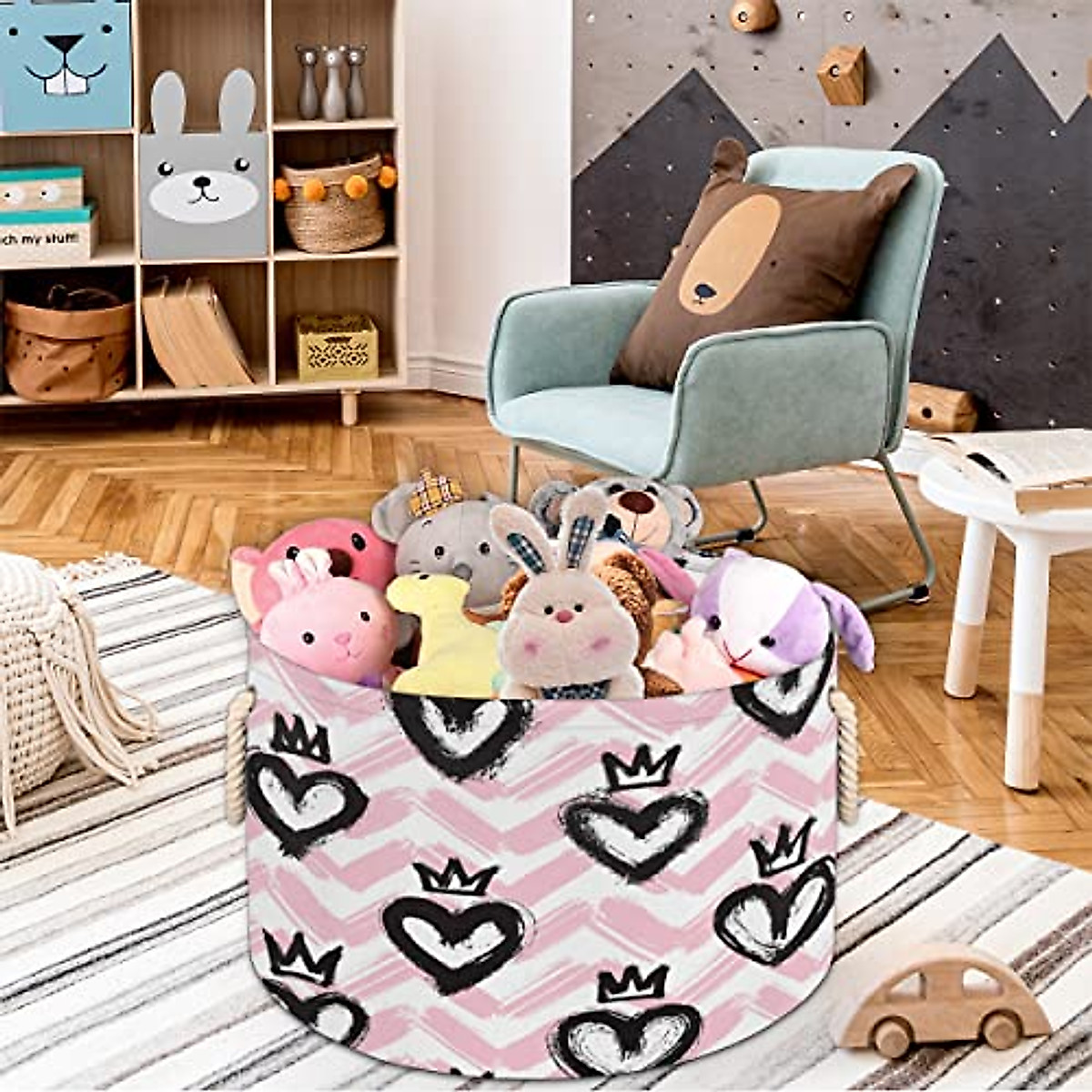 Hearts Crowns Pink Stripe Romantic Large Round Baskets for Storage Laundry Baskets with Handles Blanket Storage Basket for Bathroom Shelves Bins for Organizing Nursery Hamper Girl Boy