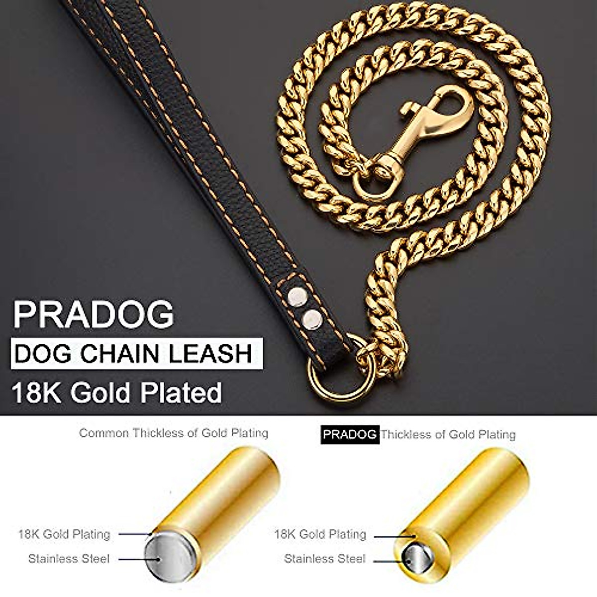 PRADOG Chain Dog Leash Metal Chew Proof 12MM Pet Leash Chain with Leather Padded Handle for Large Medium Small Dogs(Total Length of 3ft)
