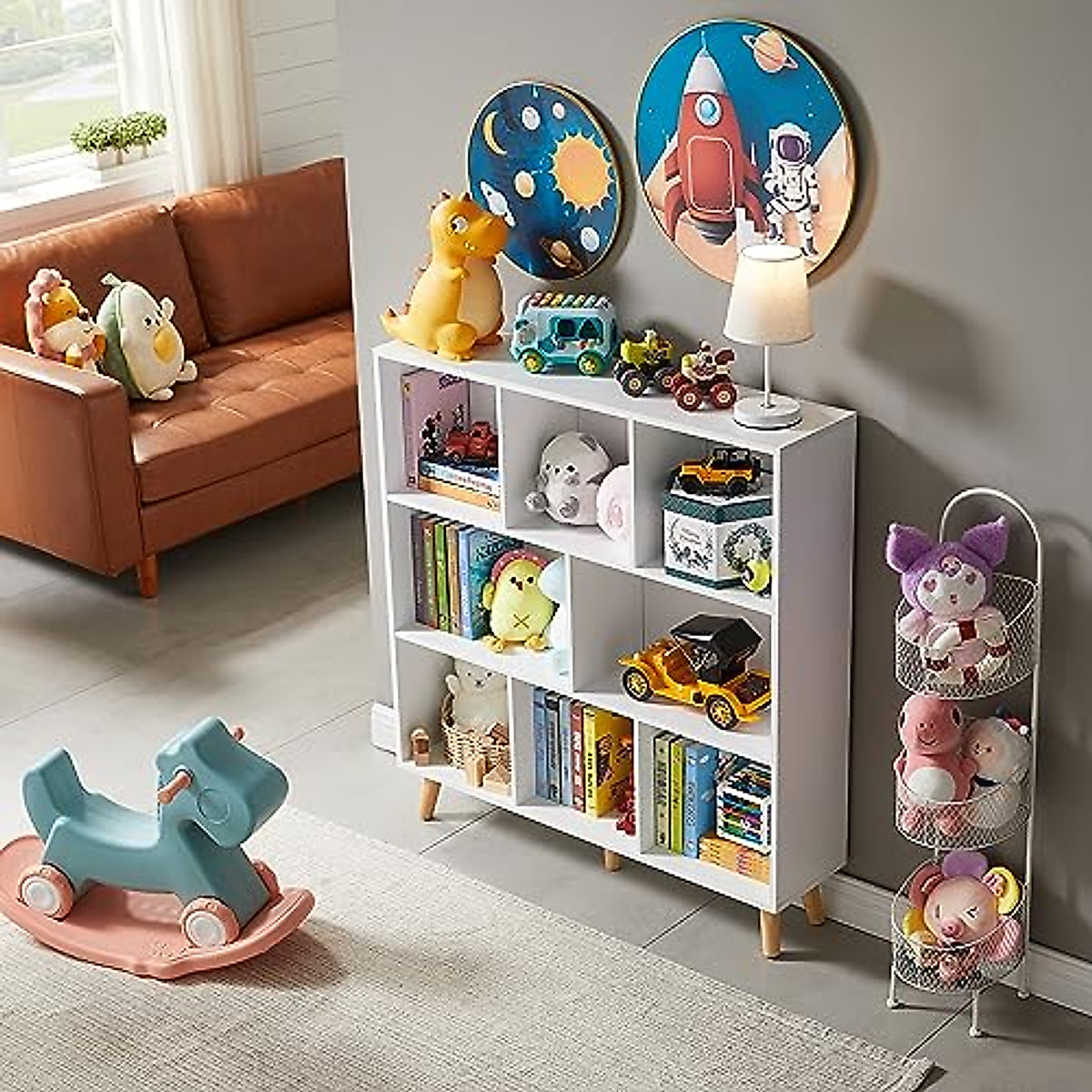 3-Tier Bookshelf, 8-Section Wooden Bookcase, Storage Organizer with Pine Legs, Modern Storage Display Cabinet for Living Room, Classroom, Kid’s Room (White)