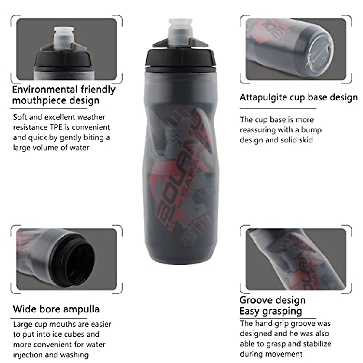 Zsling Bottle Sport Squeeze Insulated Water Bottle 20oz - BPA-Free, Sport & Bike Squeeze Bottle (Black gray-20oz)