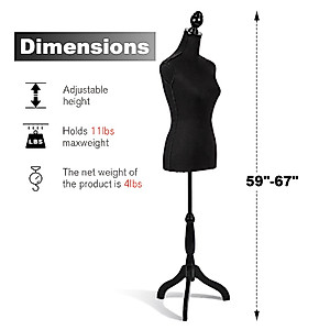 HCY Female Mannequins Torso Dress Form for Display Manikin Body Mannequin Stand 60In-67In Height Adjustable for Sewing Wooden Tripod Base, Foam Body（Black）, HY-H170-BLACK
