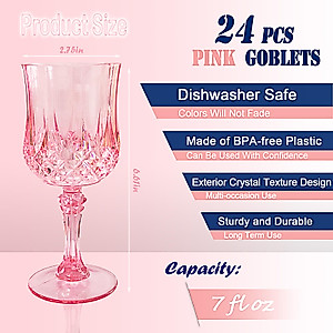 Veiuwa 24 Pcs Plastic Pink Wine Glasses，Plastic Cordial Glasses，Plastic Goblets，Pink Plastic Goblets，Plastic Wine Glasses，Can be Used for Weddings, Everyday Fun Parties and More!
