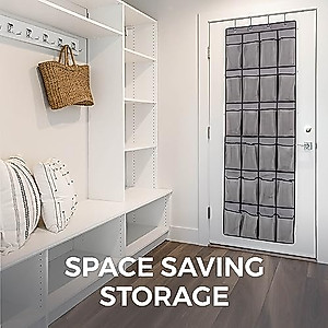 HOME GENIE 24 Pocket Strong Space Saving Over Door Shoe Organizer, Holds Up to 40 Pounds, Stay In Place Hooks Large Breathable Mesh Pocket Hanging Behind Closet Caddy Holder, Cabinet Rack, Gray
