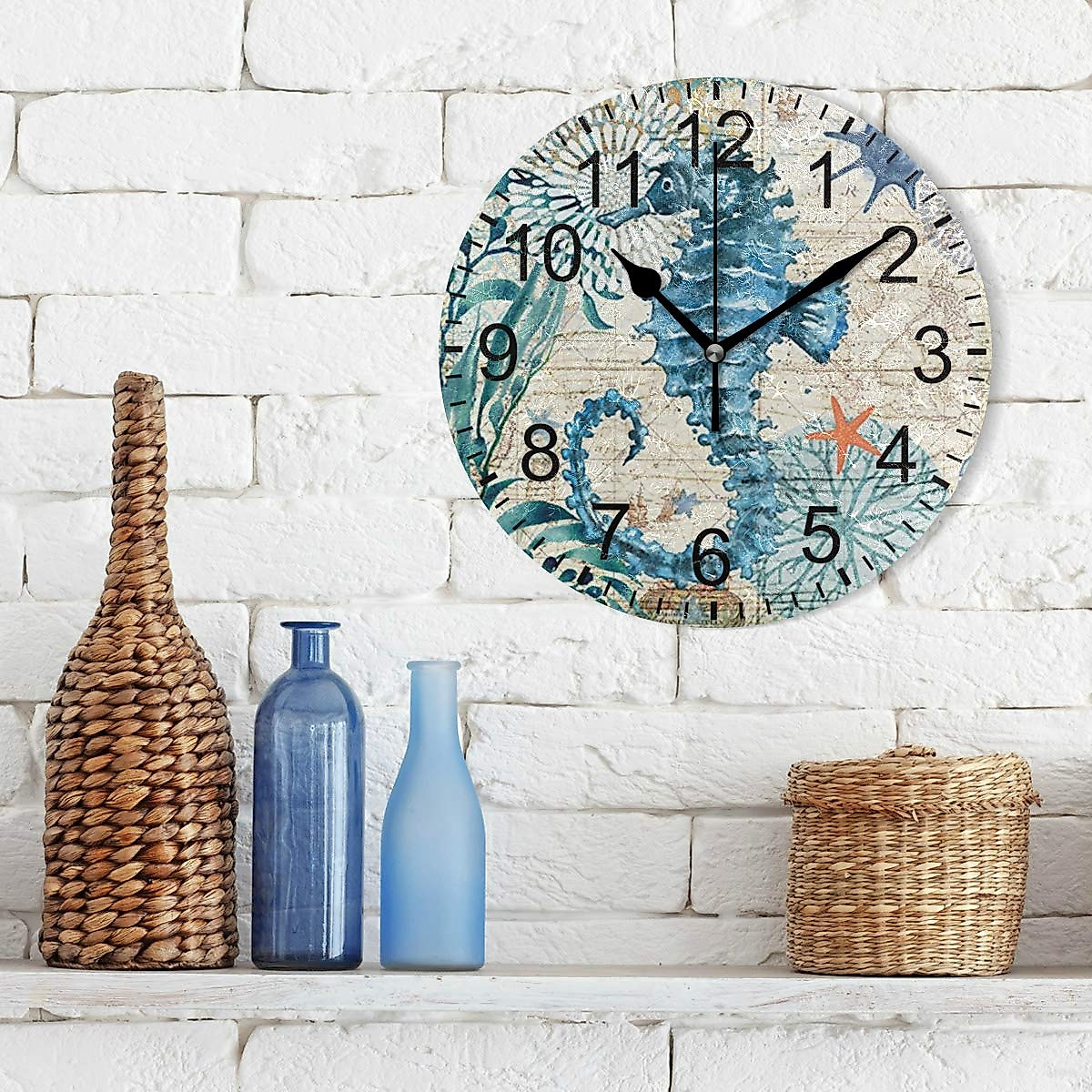 Wamika Wall Clock Ocean, Silent Non-Ticking, 10 Inch Battery Operated Quartz Analog Clock, Nautical Blue Map Sea Life Design, Easy to Read, Ideal for Home, Office, School