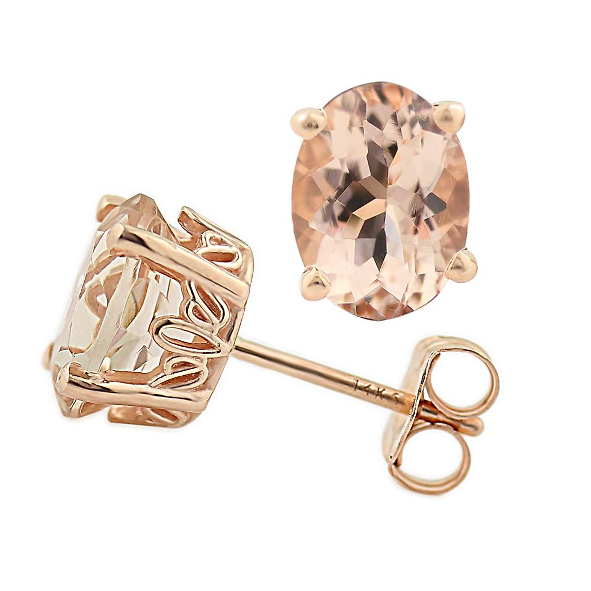 Solid 14k Rose Gold Natural Morganite Stud Earrings (8x6mm Oval) (rose-gold)
