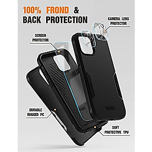 WVM Designed for iPhone 12 Case, Designed for iPhone 12 Pro Case [with 2 Pcs Glass Screen Protector & 2 Pcs Camera Lens Protector] Shockproof Protective Case for iPhone 12/12 Pro 6.1 inch, Black