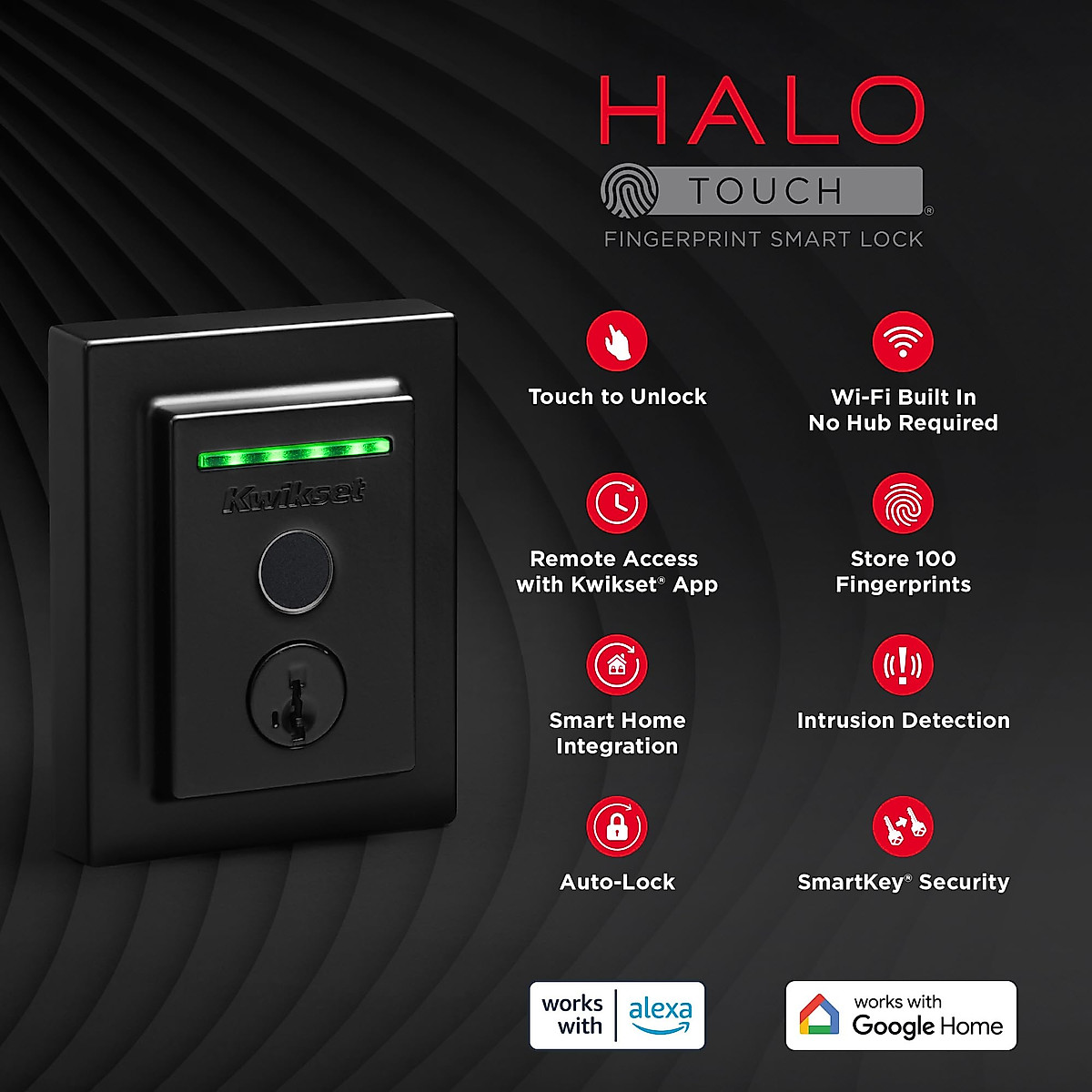 Kwikset Halo Touch Contemporary Square Wi-Fi Fingerprint Smart Lock No Hub Required featuring SmartKey Security in Matte Black (99590-004)