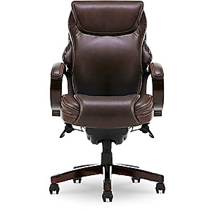 La-Z-Boy Hyland Executive Office Chair with AIR Technology, Adjustable High Back Ergonomic Lumbar Support, Mahogany Wood Finish, Bonded Leather, Brown