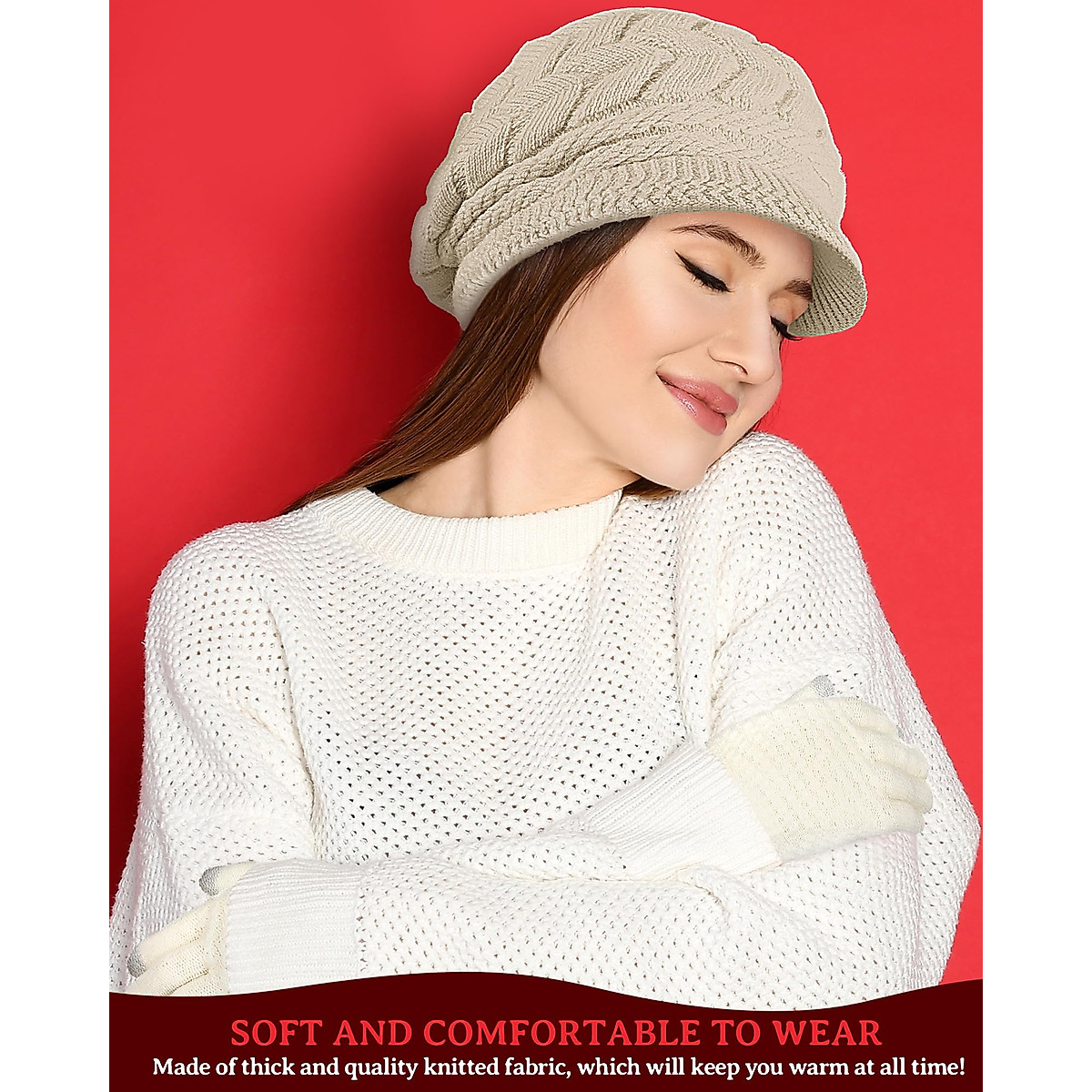 Newcotte 8 Pcs Women Hats Gloves Winter Set, Warm Girls Cap Beanie Hat Knit with Visor Snow Ski Caps and Touch Screen Gloves