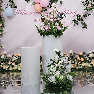 3PC Round Cylinder Pedestal Stands, Metal Pedestal Stand Cylinder Dessert Tables for Wedding Birthday Party, Wedding Centerpiece Birthday Babyshower Backdrop Decor,23.6"/21.6"/19.7" high (White-3PCS)