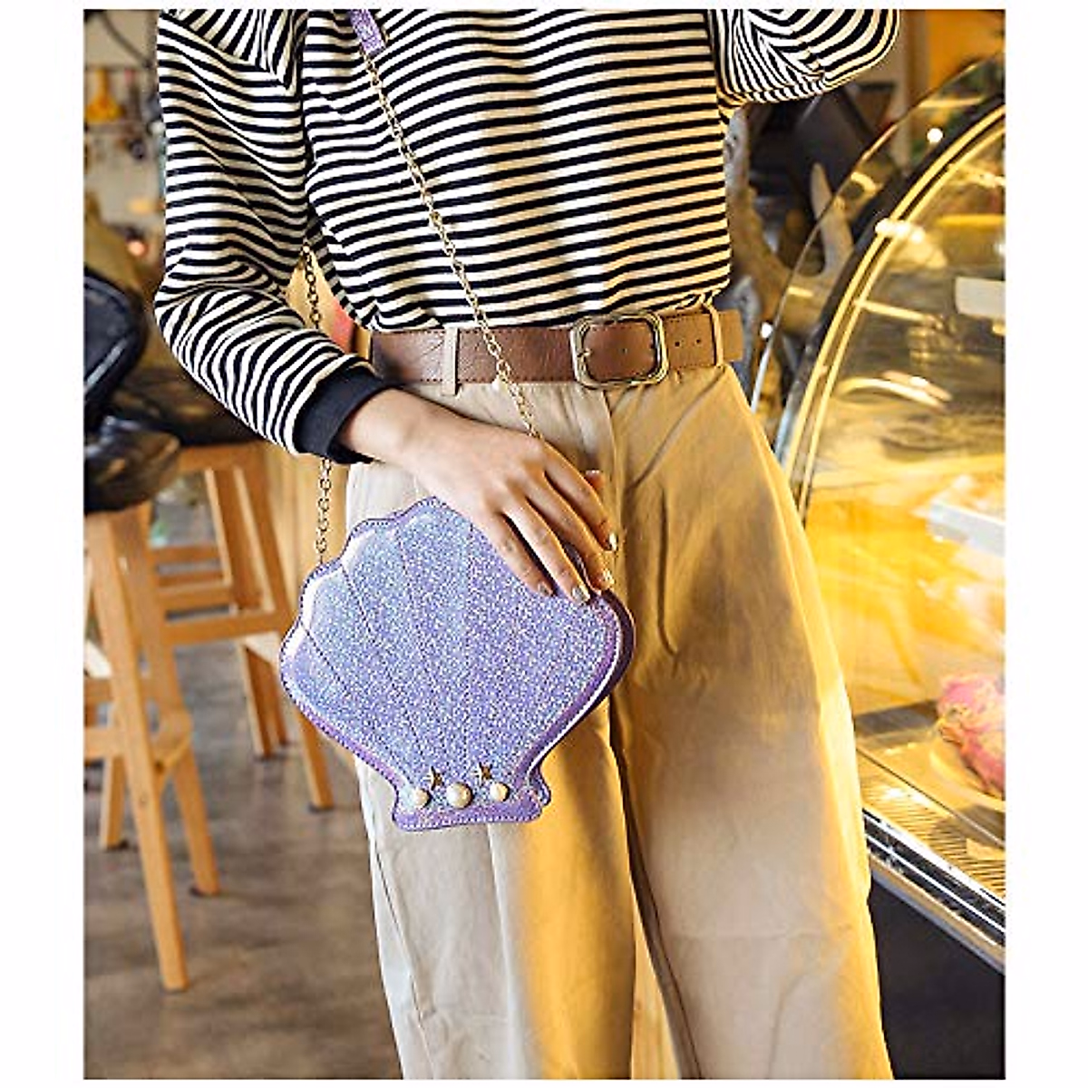 Hologram Laser Shell Shoulder Bags Pearl Cross-body Chain Purse Bags for Womens(Purple)