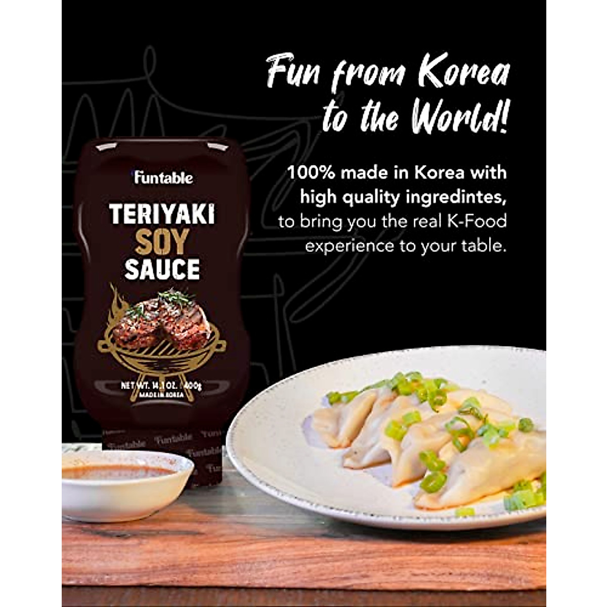 FUNTABLE TERIYAKI SOY SAUCE - Teriyaki Flavored Sweet Soy Sauce for Dipping, Glazing, Marinade, Seasoning for Korean Bulgogi, Meats, Grill (14.1OZ)