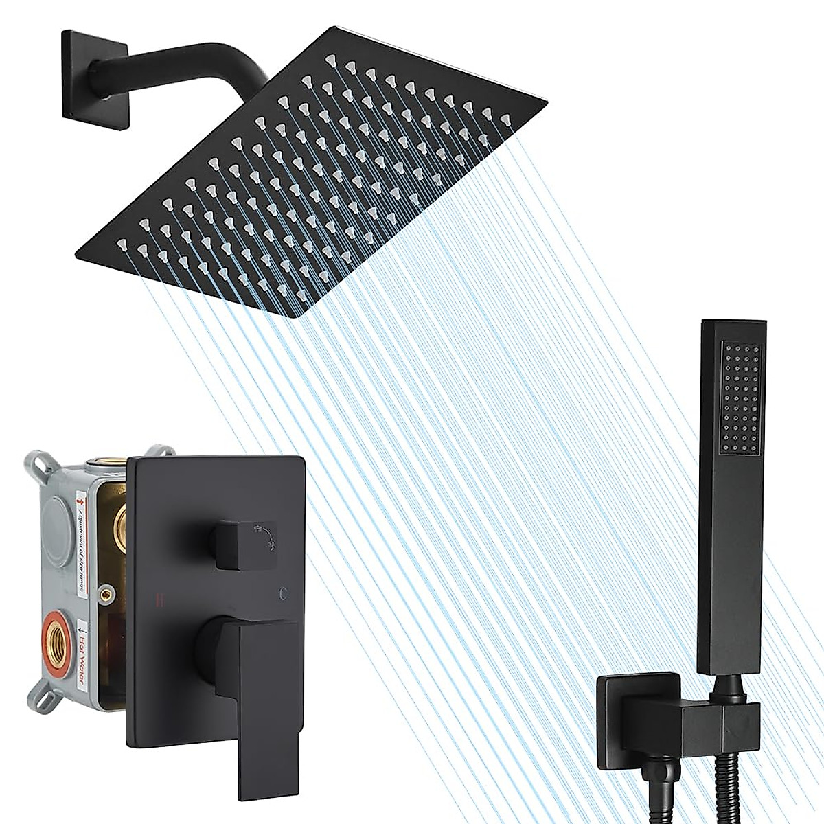 annazom Shower Faucet Set Rain Shower System Matte Black with High Pressure 8-Inch Shower Head Handheld Square Shower Head Bathroom Luxury Rain Shower Faucet Shower Complete Combo Kit Wall Mounted