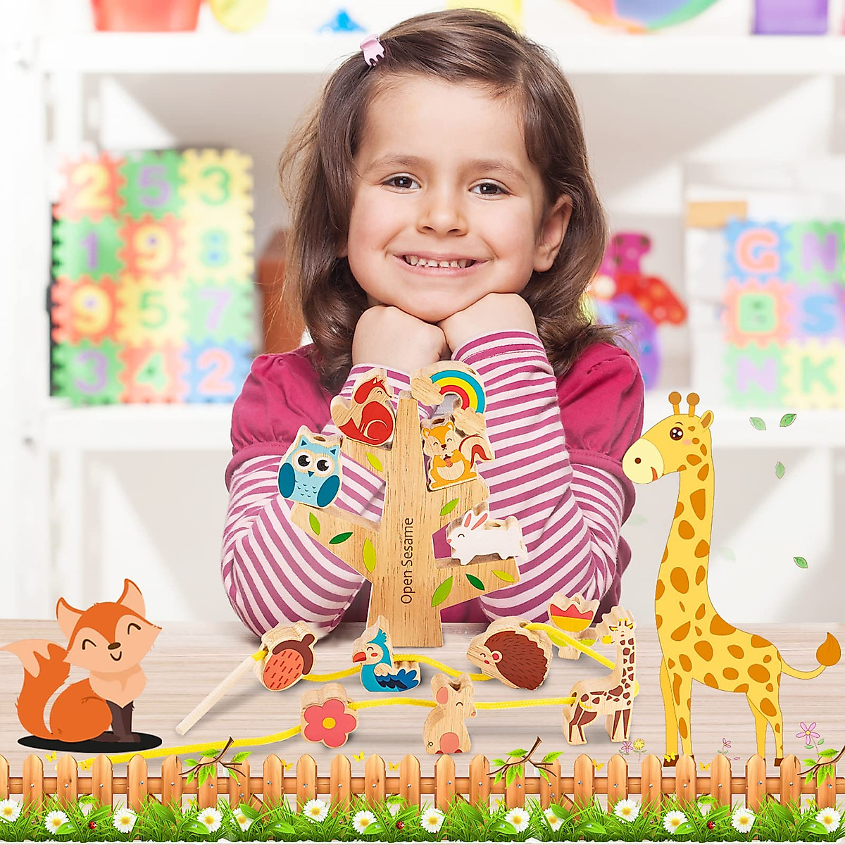 SUPPAS ONOW Wooden Animals Stacking Toys,Wooden Lacing Beads Preschool Toy,Wooden Blocks Stacking Toys for Toddlers 1-3, Wooden Rainbow Stacking Toy Montessori Toys for 2 Year Old Toys for Boys Gifts