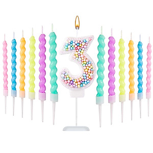 Birthday Numbers Candles, Macaron Number Candles 0-9 Sweet Numeral Topper with Plastic Holder Girl Birthday Cakes Decoration for Wedding Party Anniversary Decoration (Number 3)