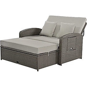 Wicker Patio Outdoor Daybed with Adjustable Backrest, Outdoor Sun Bed with Storage Ottoman & Foldable Trays, Wicker Rattan Daybed with Cushions and Pillows for Poolside, Porch, Backyard (Grey)
