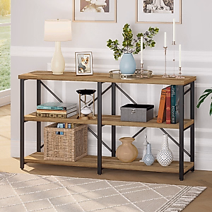 BON AUGURE Console Tables for Entryway, Industrial Sofa Table Behind Couch, 3 Tier Couch Table for Living Room, Farmhouse Hallway Table for Foyer (55 Inch, Vintage Oak)