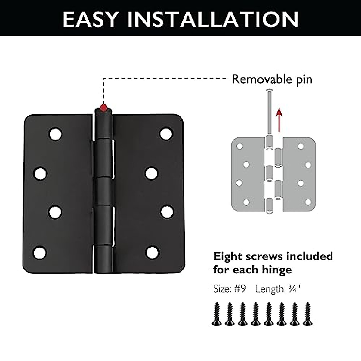 Door Hinges for Interior Doors 10-Pack 4-inch x 4-inch, Design House 1/4-inch Radius Steel Door Hinge Door Hardware, Matte Black, 188953