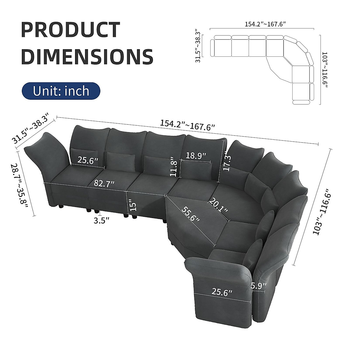 LLappuil Large Faux Leather Fabric Modular Sectional Sofa U Shaped Couch,Oversize U Shaped Leather Sectional Sofa for Living Room,Office,Grey