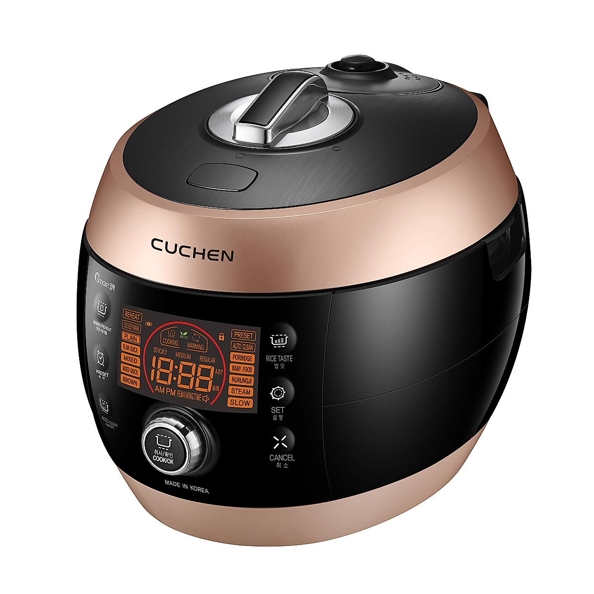 Cuchen CJS-FD0600RVUS | Heating Pressure Rice Cooker 6 Cup (Uncooked) | Smart Jog Dial | Auto Steam Clean | Voice Guide | Made in Korea | Black/Rose gold