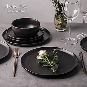 AmorArc Stoneware Cereal Bowls for Kitchen, 28oz Large Ceramic Soup Bowls Set of 4 for Meal, Chip-Resistant Kitchen Bowls with Wavy Rim, Reactive Glaze-Matte Black