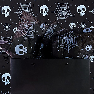MR FIVE 30 Sheets Black Halloween Tissue Paper Bulk,20" x 28",Black with White Skull Spider Web Pattern Tissue Paper,Halloween Tissue Paper for Gift Bags,Skull Tissue Paper for Halloween Party