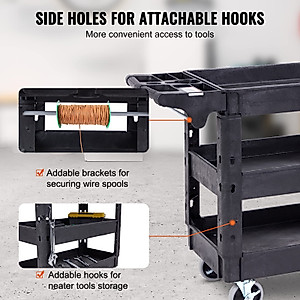 VEVOR Utility Service Cart, 3 Shelf 550LBS Heavy Duty Plastic Rolling Utility Cart with 360° Swivel Wheels (2 with Brakes), Medium Lipped Shelf, Ergonomic Storage Handle for Warehouse/Garage/Cleaning