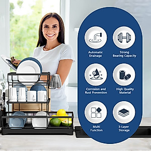 Dealight Kitchen Dish Drying Rack, 3-Tier Dish Rack and Drainboard Set with Spout, Dish Racks for Kitchen Counter, Dish Drainer with Utensils Holder and Cups Holder, Large Drying Rack Kitchen