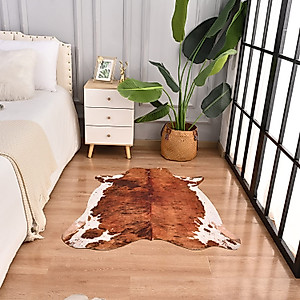 Terrug Small Cowhide Rug Western Decor, 3.6 x 2.3 Feet Premium Western Cow Print Rug, Faux Cowhide Rug for Living Room Bedroom Entryway Kitchen Hallyway Party Wall Home Decor, Brown