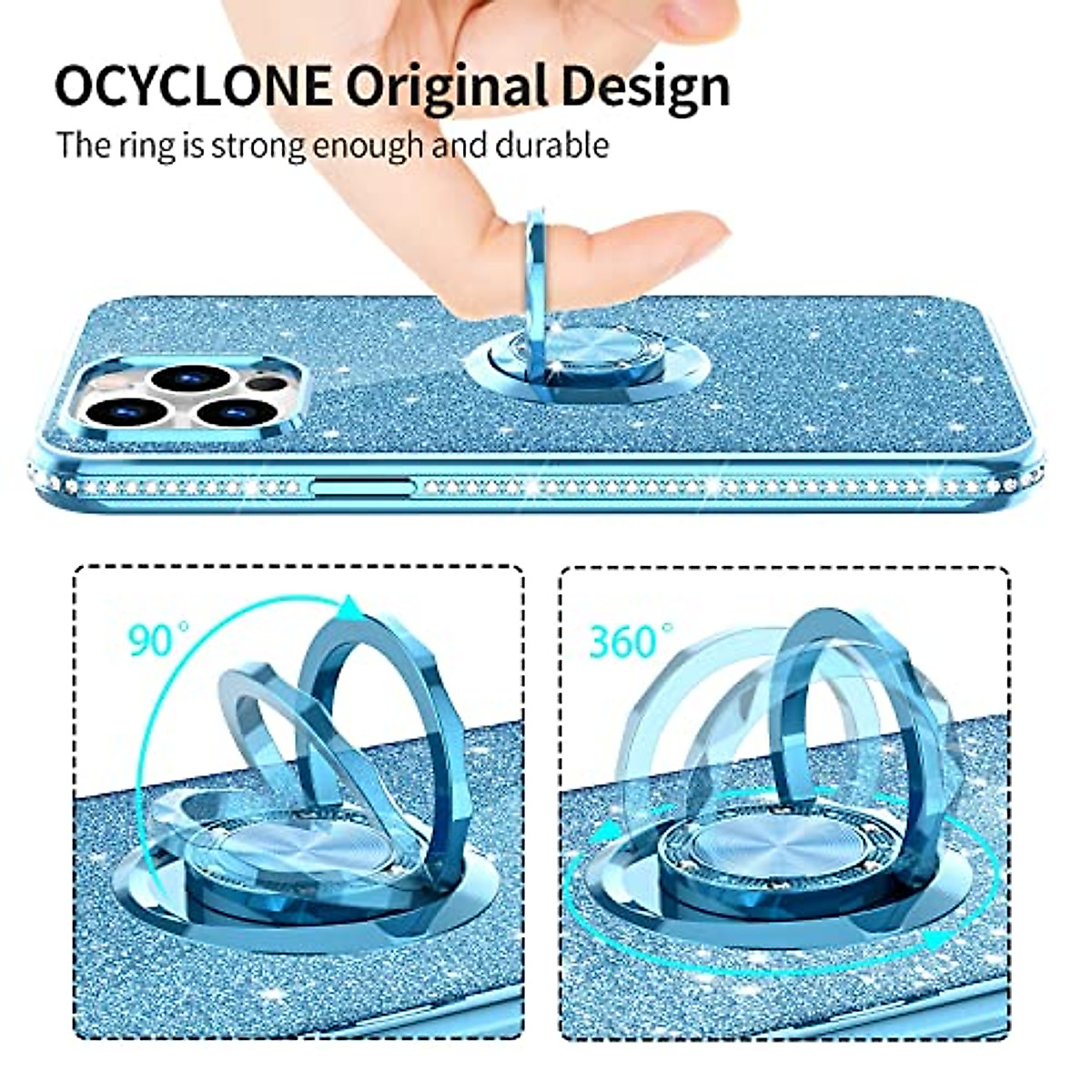 OCYCLONE iPhone 13 Pro Max 6.7" Glitter Case - Sparkle Diamond Cover with Ring Stand for Women & Girls - Blue