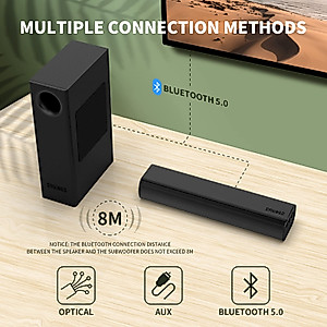 120W Sound Bar for TV, Tiny Soundbars with Wireless Subwoofer, 2.1 CH Home Theater Speakers System with Bluetooth 5.0 Optical RCA AUX , Wall Mountable