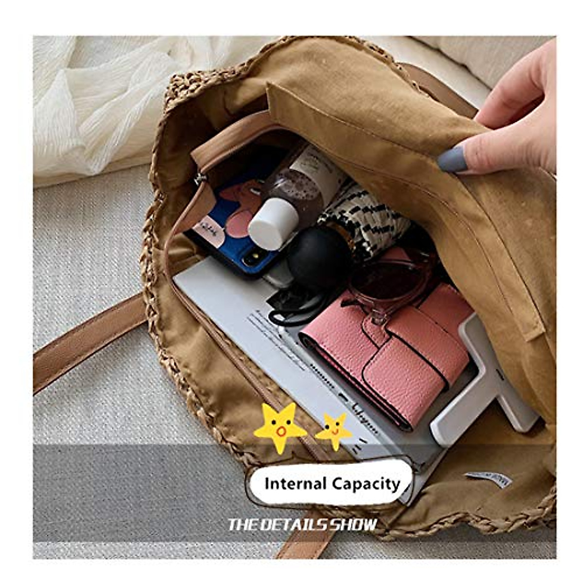 Straw Handbags Women Handwoven Round Corn Straw Bags Natural Chic Hand Large Summer Beach Tote Woven Handle Shoulder Bag (Khaki)