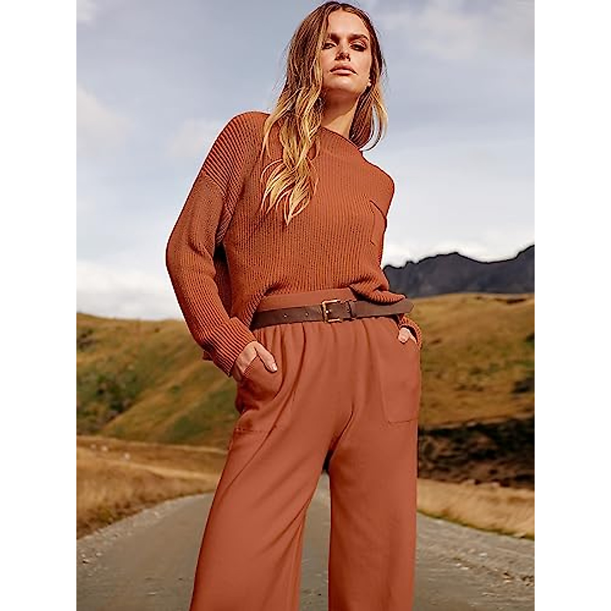 ANRABESS Women's Two Piece Sweater Sets Long Sleeve Knit Pullover Tops Casual Pants Sweat Outfits Set Matching Lounge Set 2023 Fashion Clothes Loungewear 1082xiuhong-M