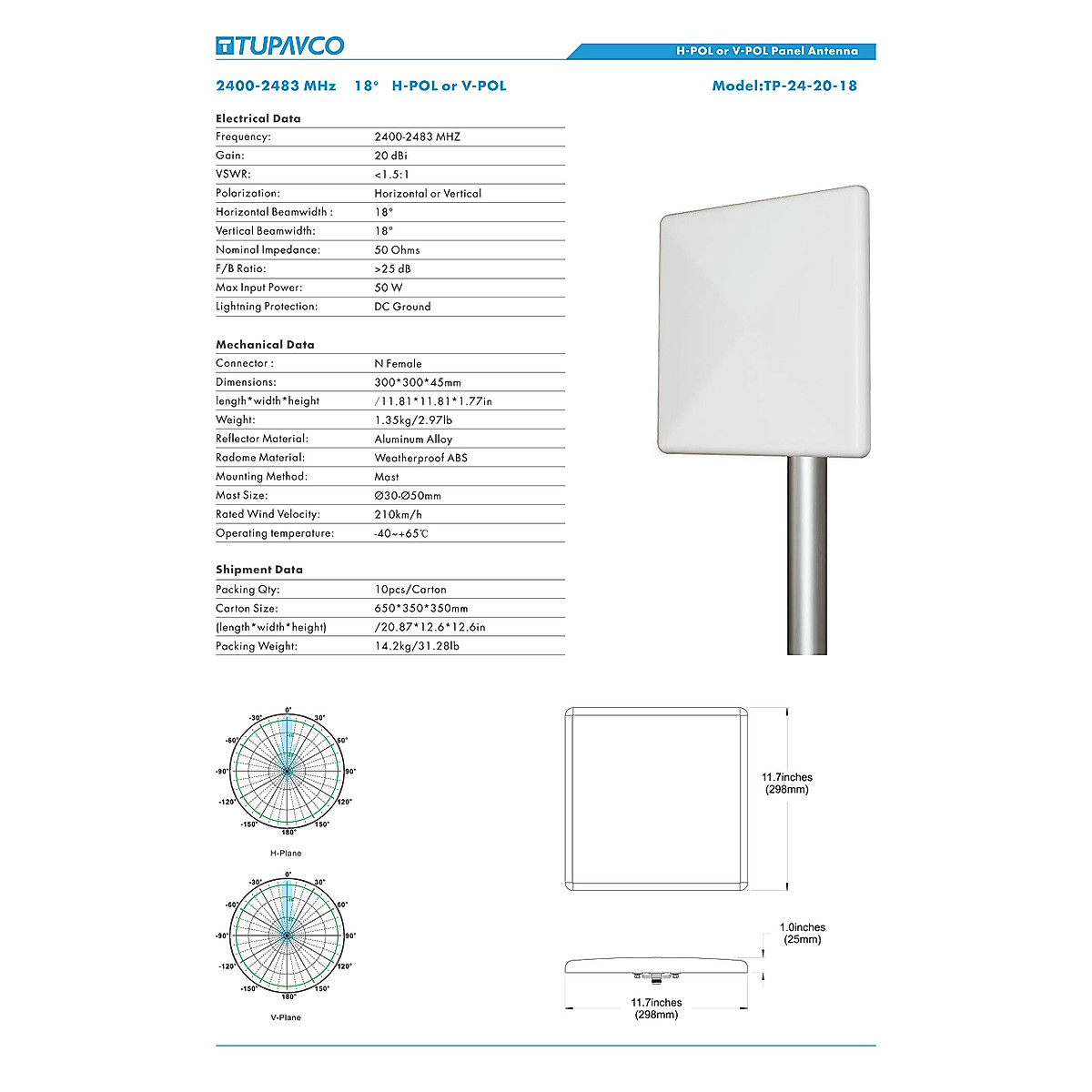 Tupavco TP511 WiFi Panel Antenna 2.4GHz (20dBi) Outdoor Directional (2400-2483 MHz) Wireless Network Signal (Pole Mast Mount) Weatherproof High-Gain Long Distance Range (N-Female Connector)