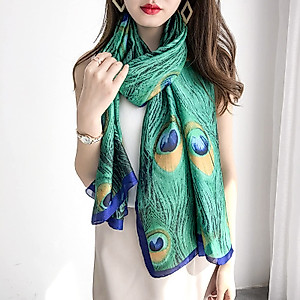 Women Silk Scarf Long Large Peacock Feather Print Wrap Shawl Scarves Headscarf