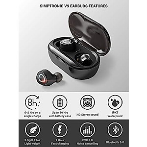 SimpTronic Tech True Wireless Earbuds Bluetooth 5.0 Headphones in-Ear TWS Mini Headset for Sport Extra Bass Stereo Earphones HD Sound IPX7 Waterproof Noise Cancelling Mic 44-50 Hours Playtime Black