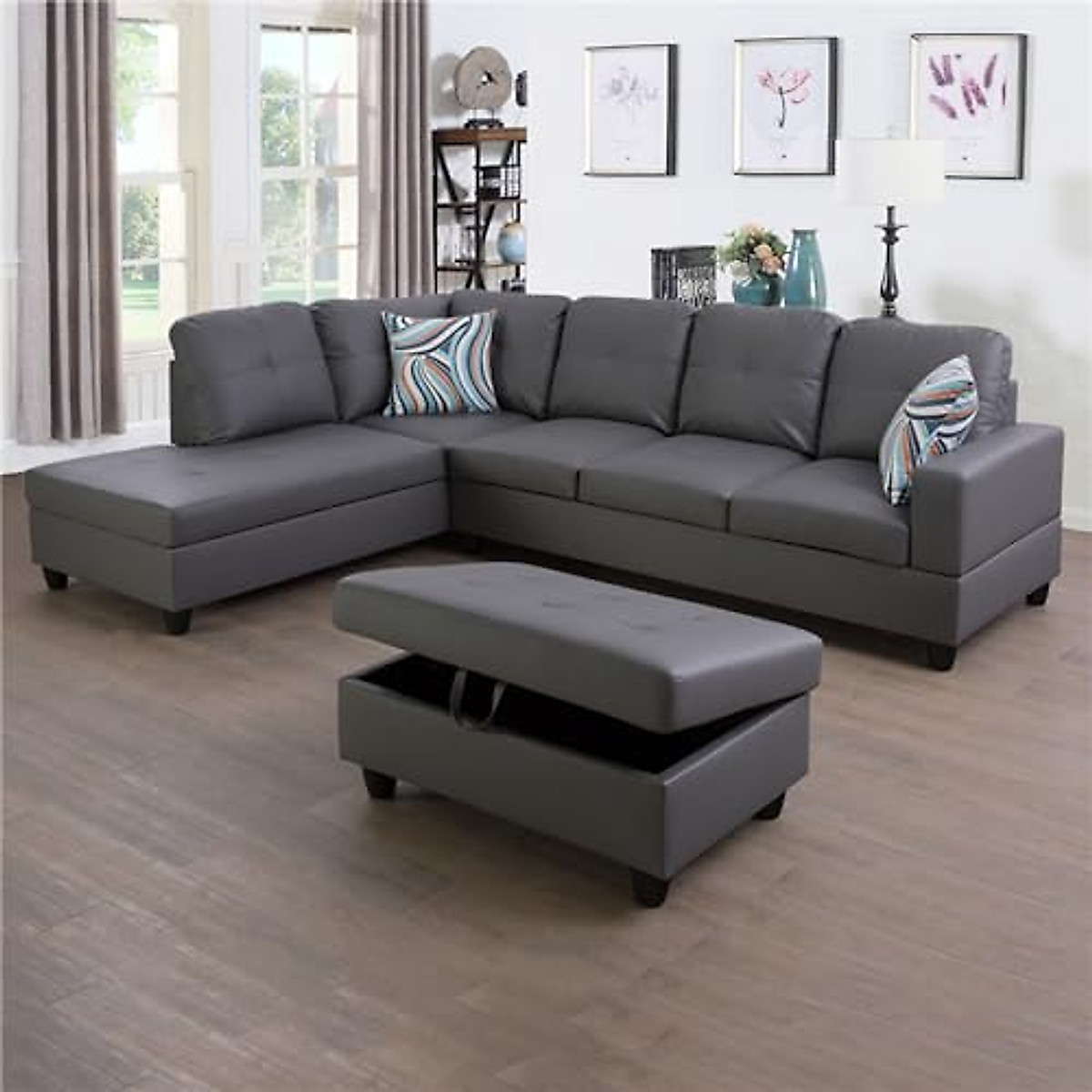 NOTOP 3-Piece Faux Leather L-Shaped Sectional Sofas, Button Tufted Upholstered Couch Set with Left Chaise Longue and Storage Ottoman, for Living Room, Home, Office, Dark Grey