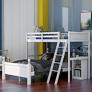 Eafurn Twin Over Full Bunk Bed with Storage Cabinet, Wood L-Shaped Bunk Beds with Guardrails and Ladder,2 in 1 Bunk Bed Convertible Into a Loft Bed and Platform Bed, No Box Spring Need