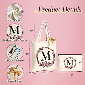 AUNOOL Monogrammed Tote Bag with Makeup Bag, 13oz Canvas Tote Bag for Women Floral Initial Tote Bag Bridal Shower Gifts for Bride To Be Personalized Gifts for Teachers Friends Sister, Letter E