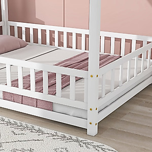 i-POOK Full Size House Bed Wooden Floor Bed with Roof and Fence Guardrails Montessori Bed Playhouse Bed for Children Girls and Boys, White(No Bed Slats)