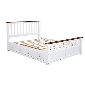 FANYE Queen Size Soild Wood Platform Bed Wooden Bedframe with Two Storage Drawers and Wood Slat Support, White+Walnut