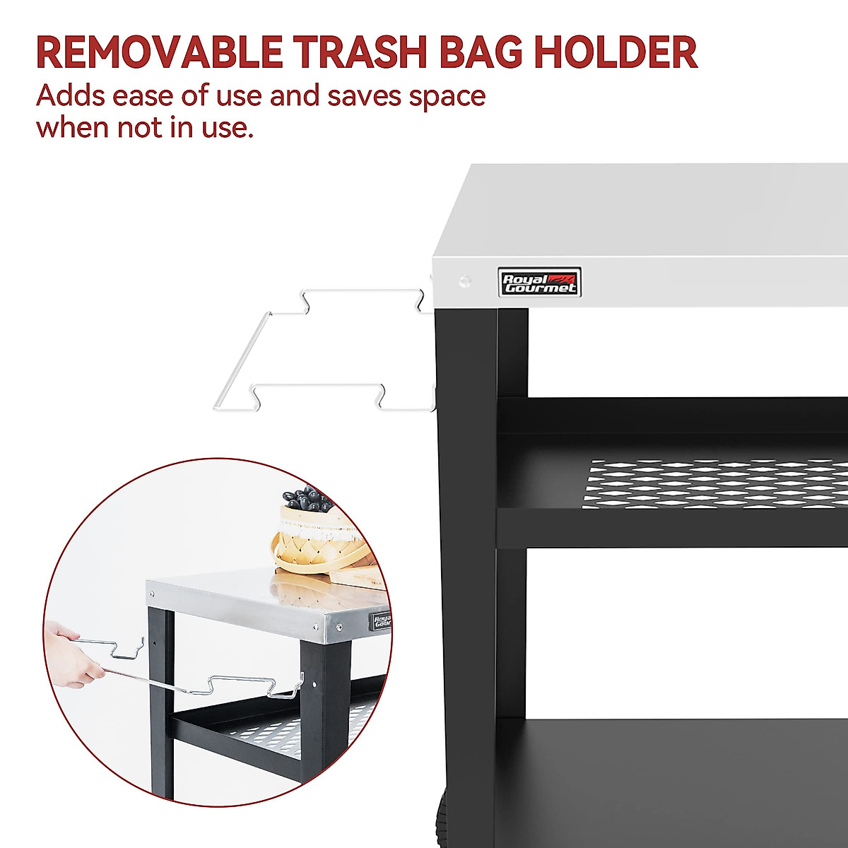 Grills House Movable 3-Shelf Grill Cart with Wheels, 33.5" L x 20" W Stainless Steel Tabletop, Multifunctional Dining Table for Pizza Oven, Food Prep, Outdoor Garden BBQ Trolley, PC-AMZ-3404S, Silver